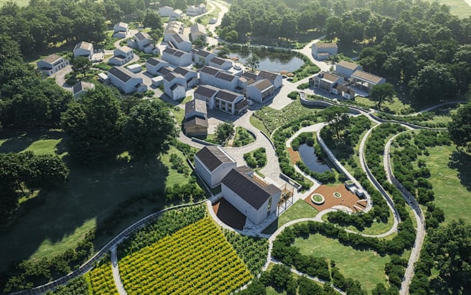 Cgi village layout,3d green space,rural housing design,landscape render ...