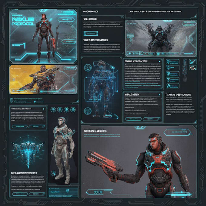 Design a futuristic aaa sci fi game ui, characters, and worldbuilding ...