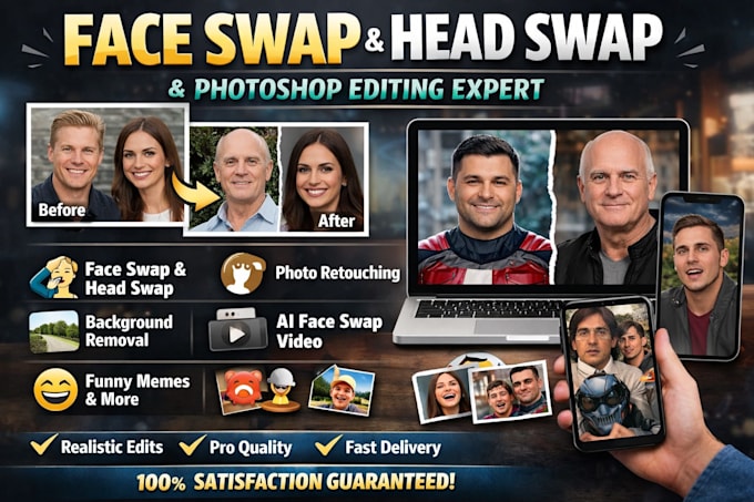 Do realistic face swap head swap and photoshop photo editing by ...