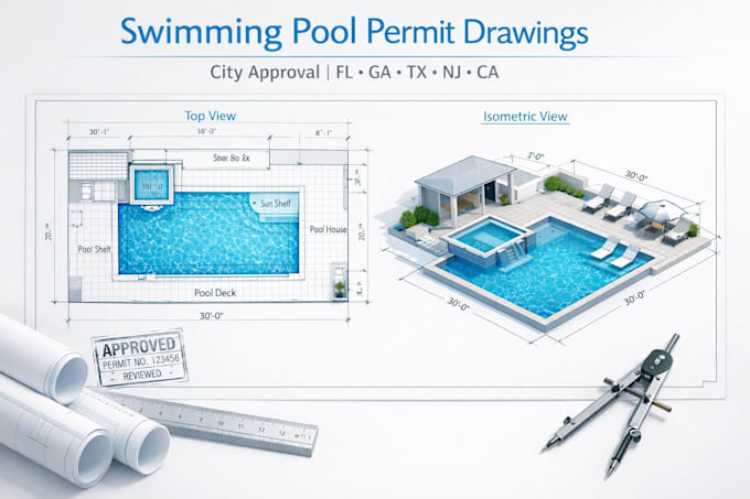 Fl, ga, tx, nj, ca architect swimming pool drawing plan stamp for city ...