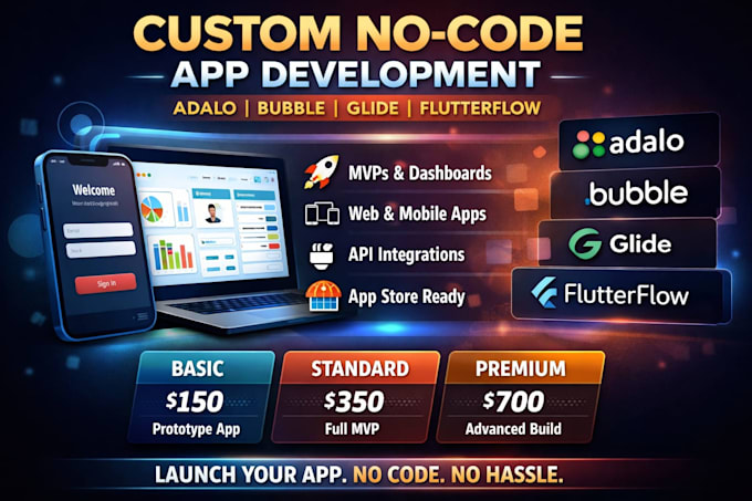 Build custom no code app using adalo bubble io, glide, flutterflow and mvp app by ...
