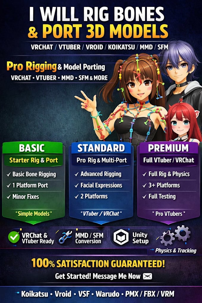 Rig bones, modelos 3d port, koikatsu, vroid, vtube, vrchat, warudo, vsf ...