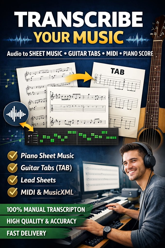 Transcribe music sheet music guitar lead sheet tabs audio to midi piano ...