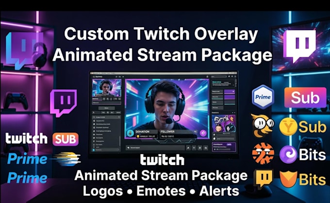 Build custom twitch overlay pack, stream logo, gaming room, animated ...