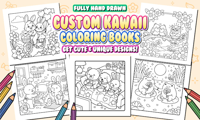 Design cute kawaii cozy, bold, and easy coloring book pages for kids ...
