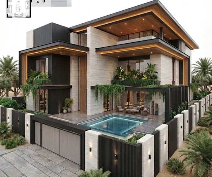 Develop empty plot into luxury villa, render external residential house ...