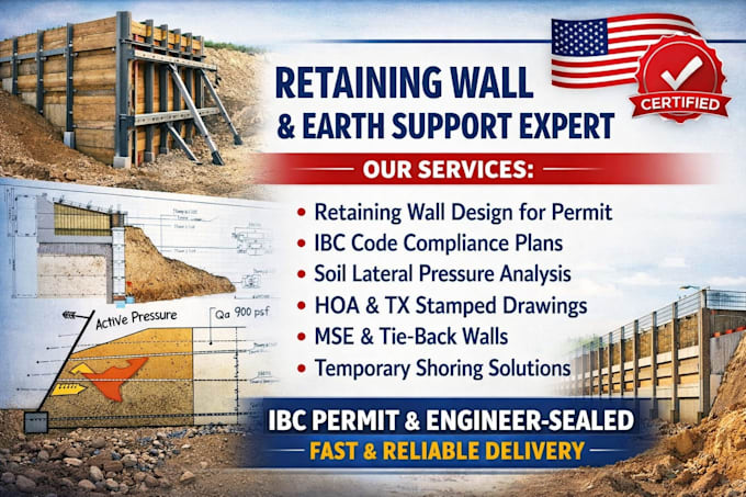 Retaining wall design ibc permit usa stamped drawing shoring design ...