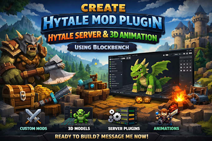 Criar plugin de mod hytale, servidor hytale, animação 3d hytale usando ...