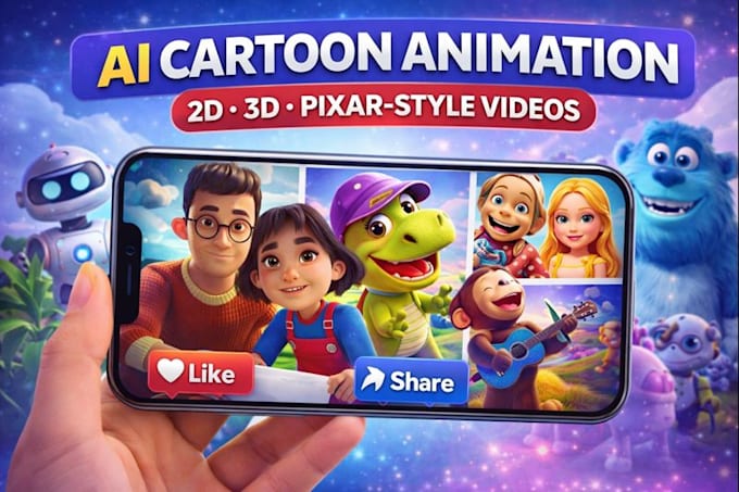 Create ai cartoon animation, 2d 3d animation and pixar style animation ...
