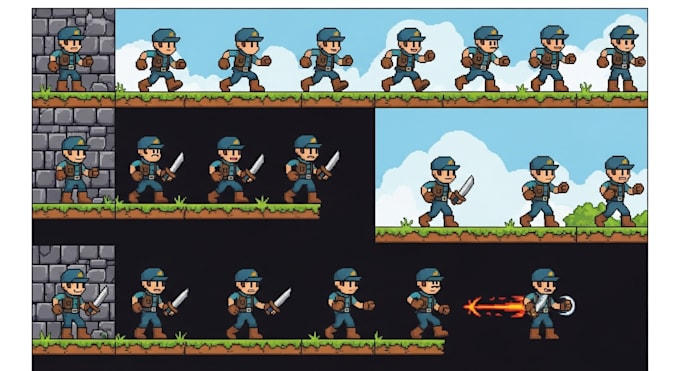 Draw pixel art animation sprite sheet character, scene background for ...