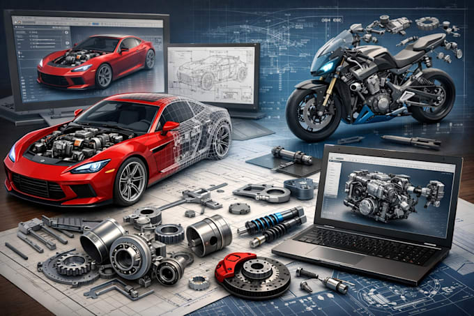Custom car and motorcycle, 3d cad design assembly and parts modeling ...