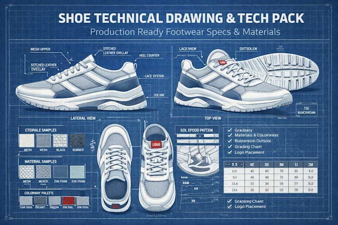 Create shoe technical drawing and tech pack for manufacturing by ...