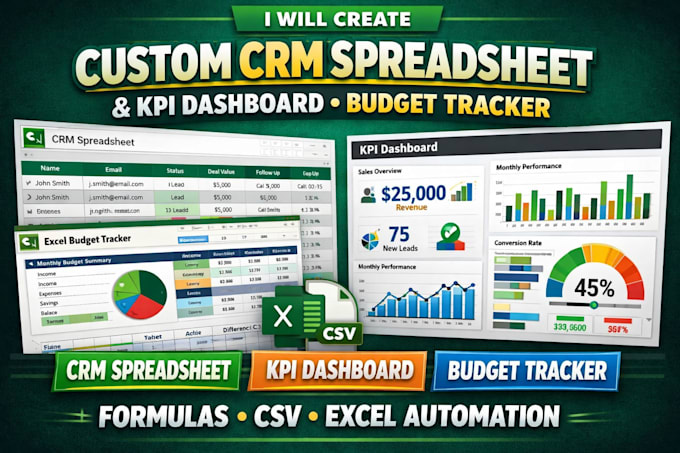 Create custom crm spreadsheet, csv kpi dashboard, excel budget tracker ...