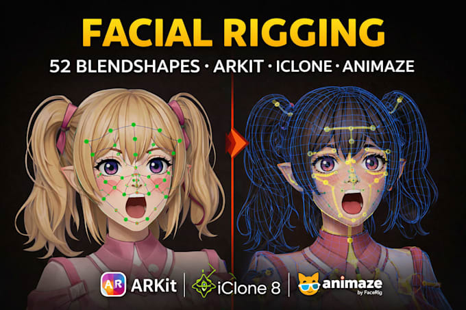 Create 52 arkit blendshapes facial rig for vtuber, mmd, iclone, animaze ...