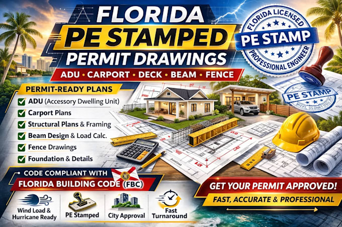 Design florida pe stamp adu, carport, structural plans beam and fence ...