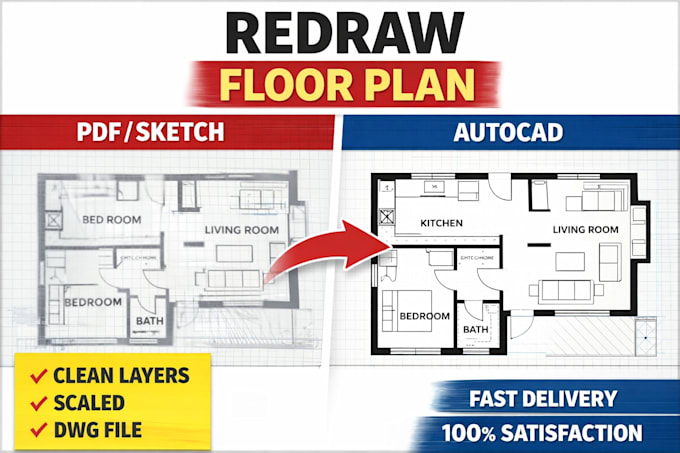 Redraw floor plan in autocad from pdf, sketch or blueprint by Micheal ...