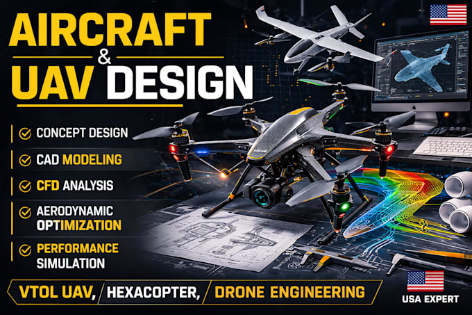 Ontwerp van vliegtuig, vtol uav, drone, hexacopter, uav, cad, cfd-analyse