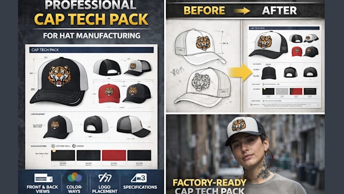 Create a professional cap tech pack for your hat or streetwear brand by ...