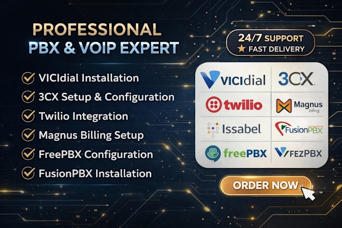 Install and setup vicidial, 3cx, twilio, magnus billing, freepbx ...