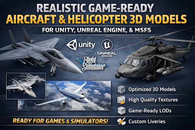 Realistic game ready aircraft, helicopter 3d models for unity, unreal ...