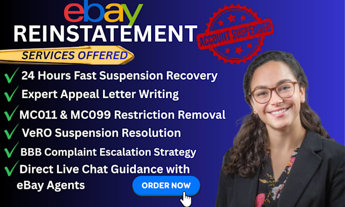 Reinstate ebay mc999, mc011 and vero suspension by Sarah_jan6 | Fiverr