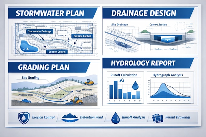 Design stormwater plan, drainage plan, runoff calculation, hydrology ...
