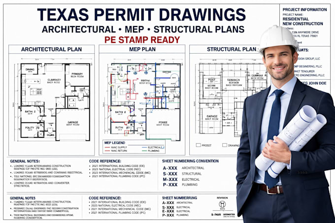Design texas permit drawings, architectural, mep, structural plan, pe ...