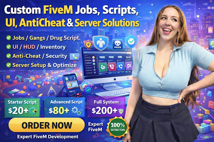 Diseñar servidor fivem personalizado, trabajos en fivem, policía, ems ...