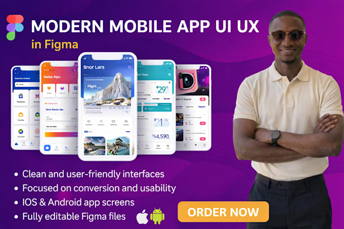 Diseñe una aplicación móvil moderna ui ux en figma para ios y android