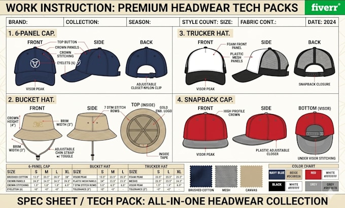 Create cap tech pack, headwear tech pack for trucker caps and ...
