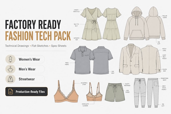 Adept factory ready tech pack technical flats fashion clothing for ...