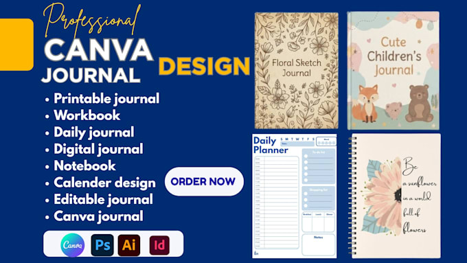 Design custom canva editable printable journal, etzy digital planner ...
