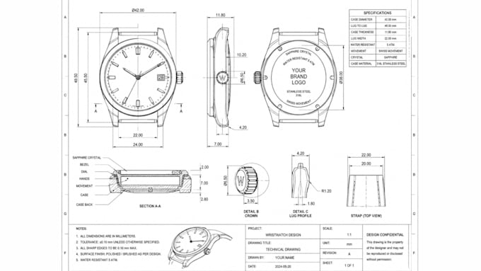 Create manufacturing ready watch technical drawing cad design and 3d ...