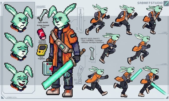 Pixel art charakter-sprite-sheet, pixel-animation, spielkunst erstellen