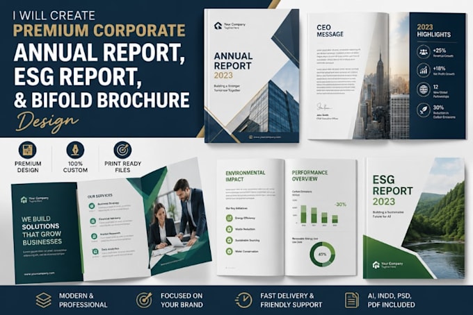Create a premium corporate annual report esg report and bifold brochure ...