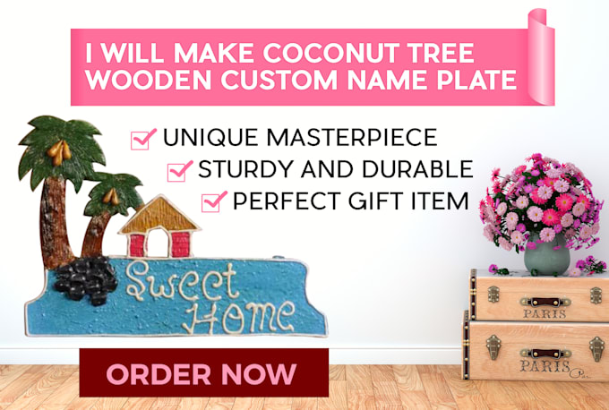 Make coconut tree wooden custom name plate by Storeindia999 | Fiverr