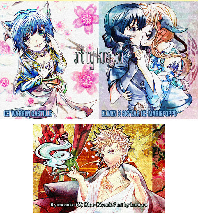 Draw anime styled watercolor waist up portrait by Kura_ou | Fiverr