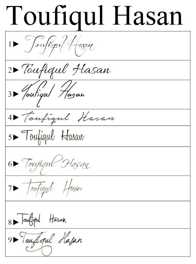 Create beautiful handwritten font signatures by Toufiqul_hasan | Fiverr