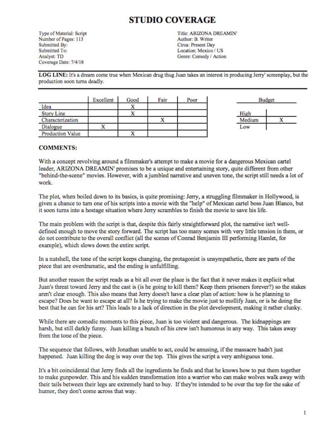 Write studio coverage and notes for your feature film script, tv pilot ...