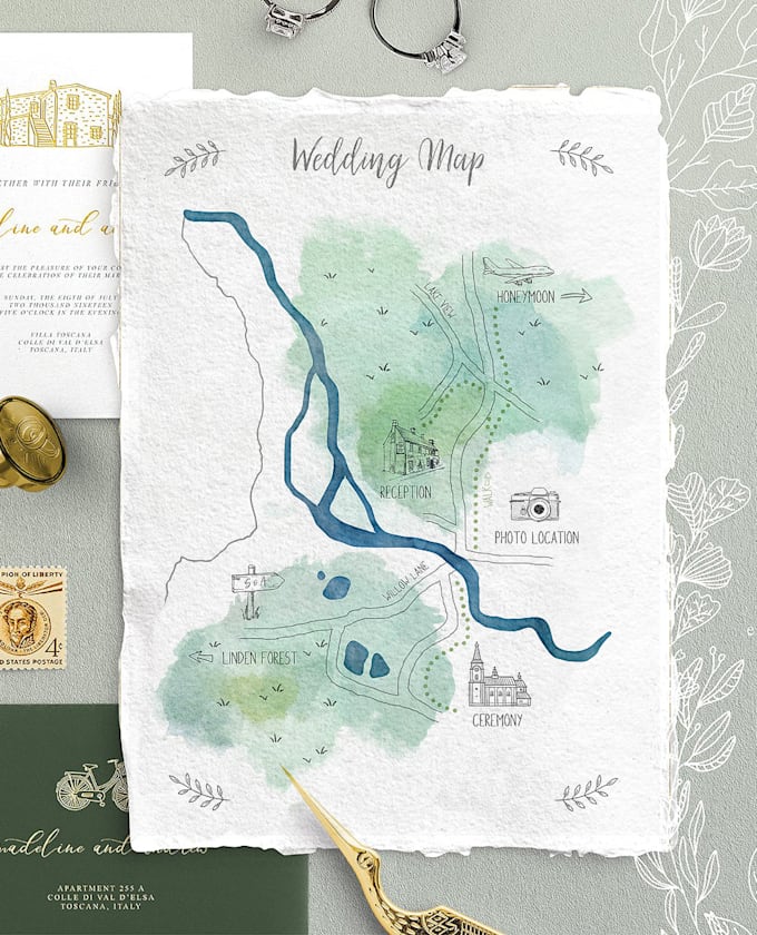 Create your watercolour wedding map by Mayabluedesign | Fiverr