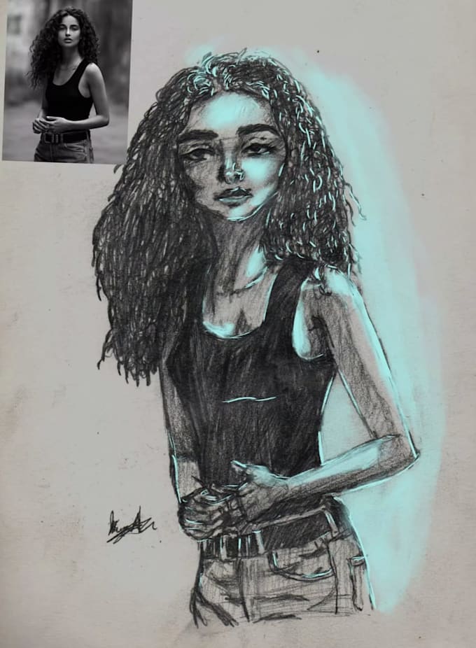 Draw you in my own style with sketchy look and neon color in your ...