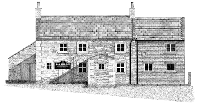 Create a black and white traditional building illustration by ...