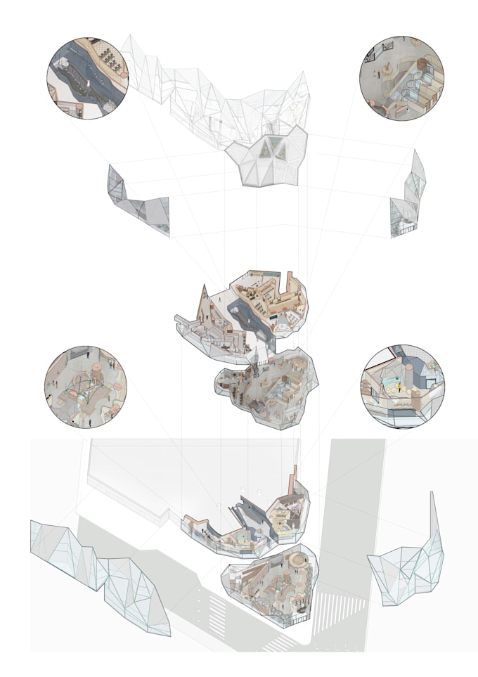 Stylish architectural collage renders floor plan, elevation , section ...