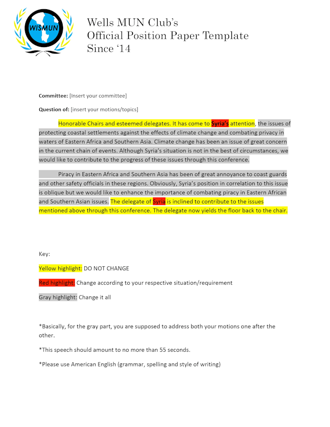 Mun position paper , opening speech by Xr3793 | Fiverr