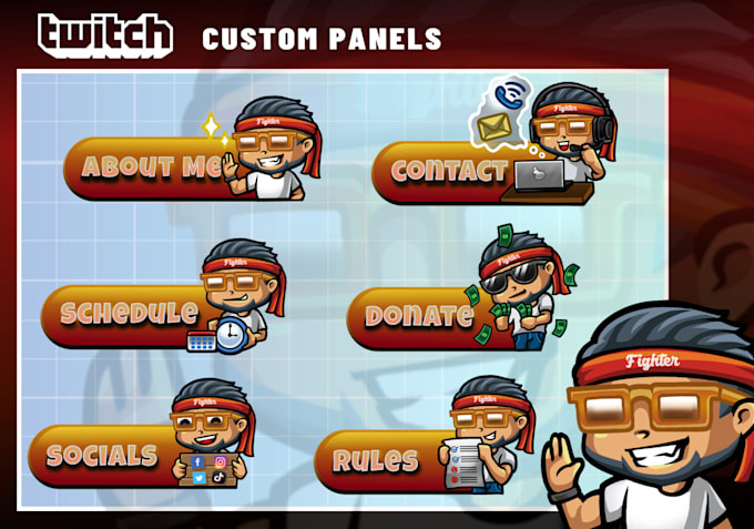 Do cartoon twitch panels design for your channel by Wilisme | Fiverr