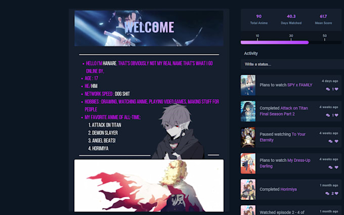 Make a custom banner or layout for your anilist page by Hanare11 | Fiverr