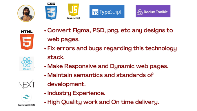 Develop frontend using react redux next tailwind html css etc by ...