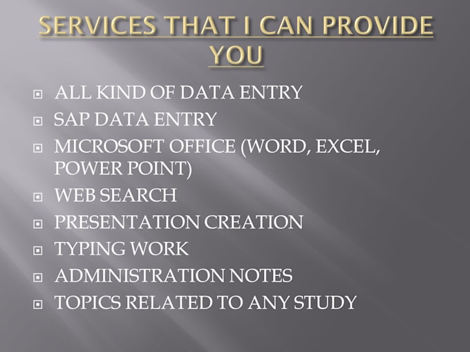 Typewriting, microsoft office, word, excel, presentation, data entry, sap data by Aliraza ...