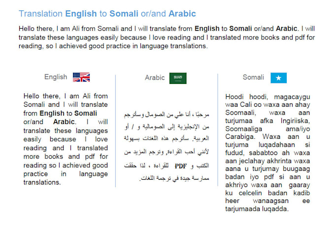 Translate from english, arabic, and somali by Alimohamed094 | Fiverr