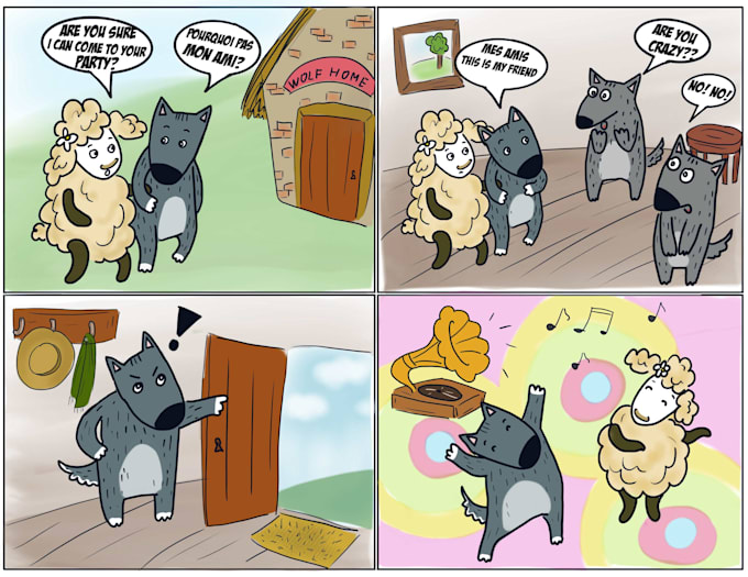 Create a four panel comic page, comic strip, comic by Artfrolkova | Fiverr